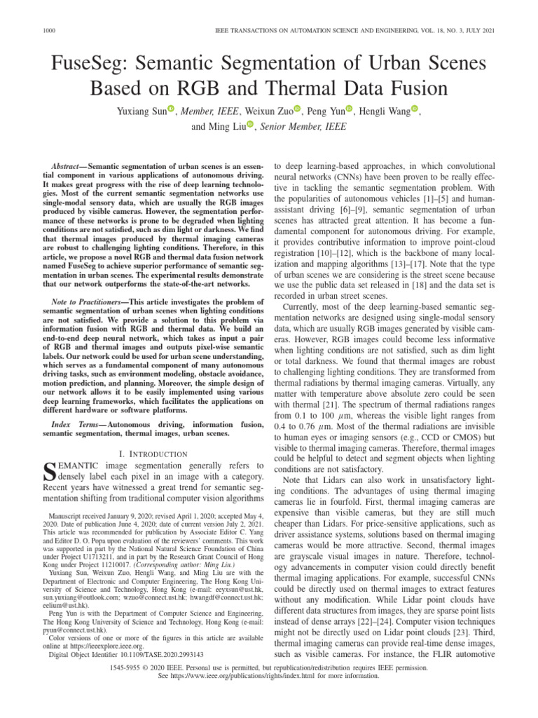 FuseSeg Semantic Segmentation of Urban Scenes Based On RGB and Thermal Data Fusion | PDF | Image ...