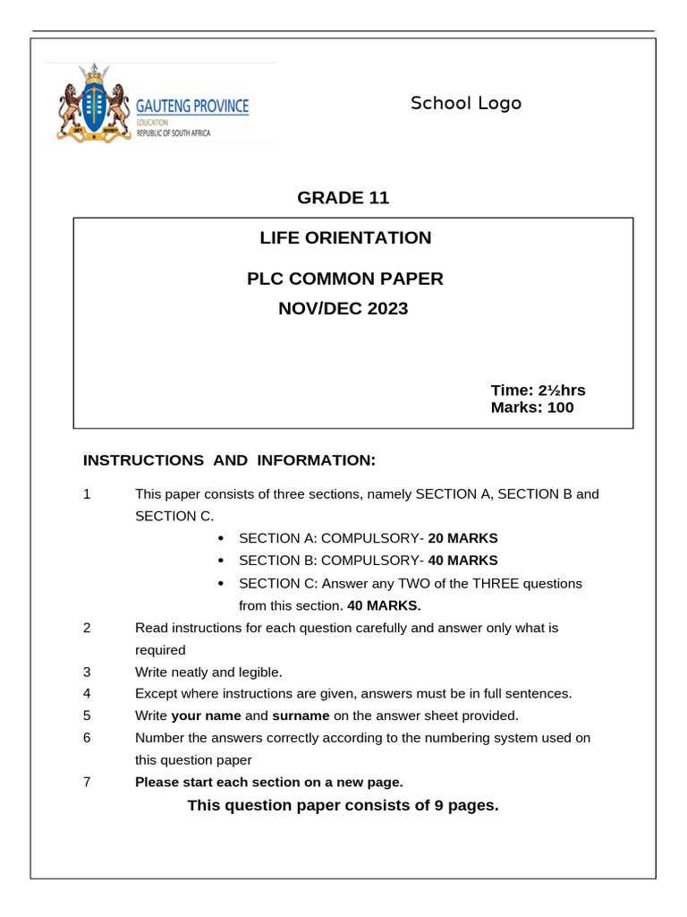Lo Grade 11 PLC Paper 2023 | PDF | Social Science