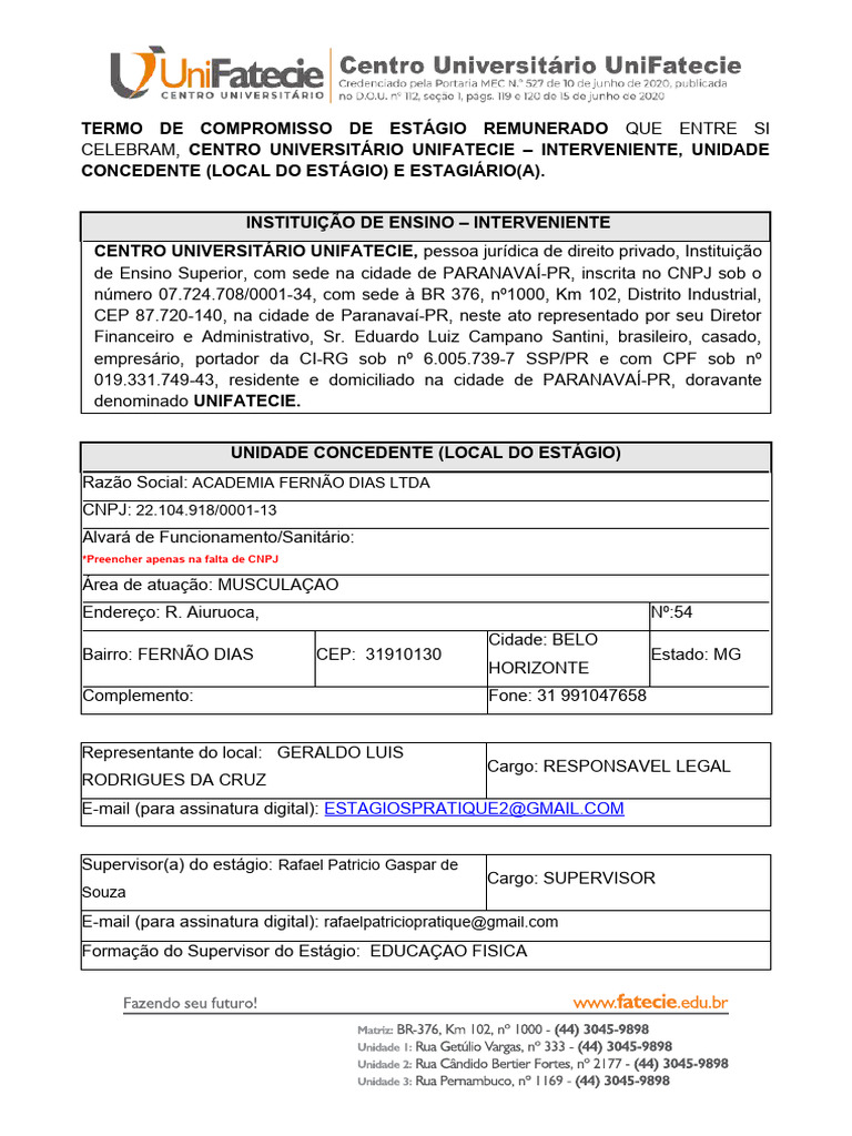 MODELO UNIFATECIE - FERNAO DIAS 1 Assinado | PDF | Estágio | Procura de Emprego