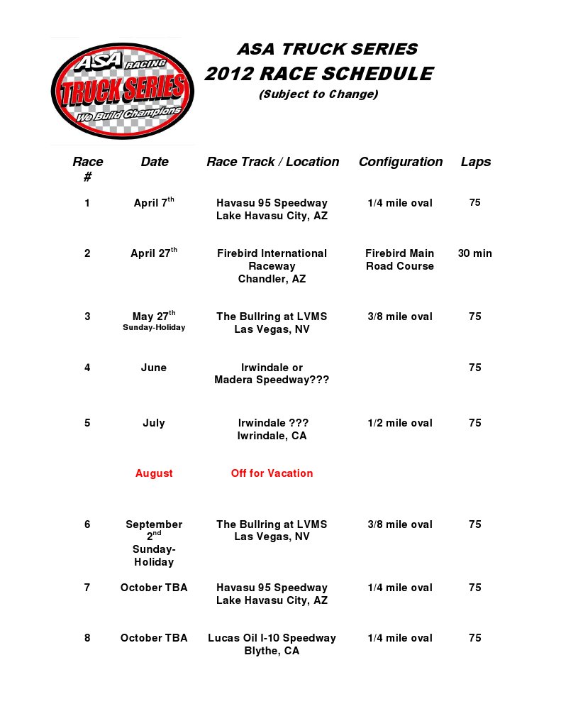 2012 ASA Truck Series Race Schedule | PDF