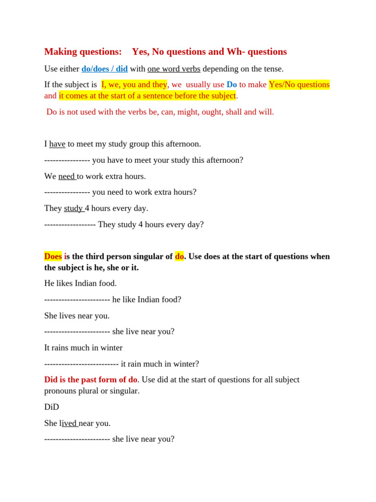 Making Questions: Yes, No Questions and Wh-Questions: Do/does / Did Do | PDF | Subject (Grammar ...