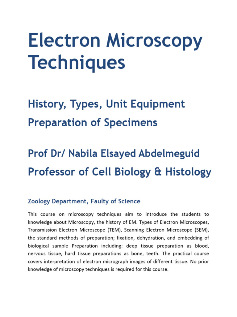 Electron Microscopy Techniques Lectures 1-6 | PDF | Fixation (Histology ...
