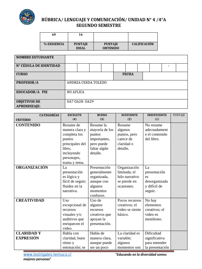 Rúbrica de Evaluación de Lenguaje 4°A | PDF | Cognición | Comunicación ...