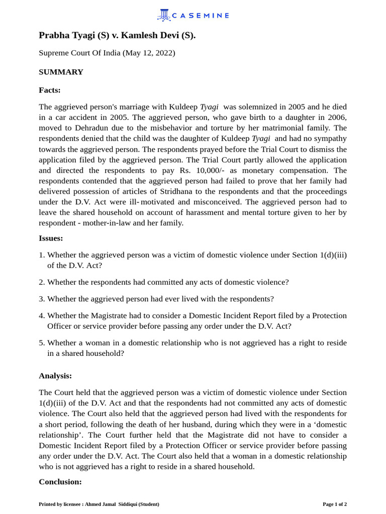 CASEMINE - Prabha Tyagi (S) v. Kamlesh Devi (S) | PDF | Justice | Crime & Violence