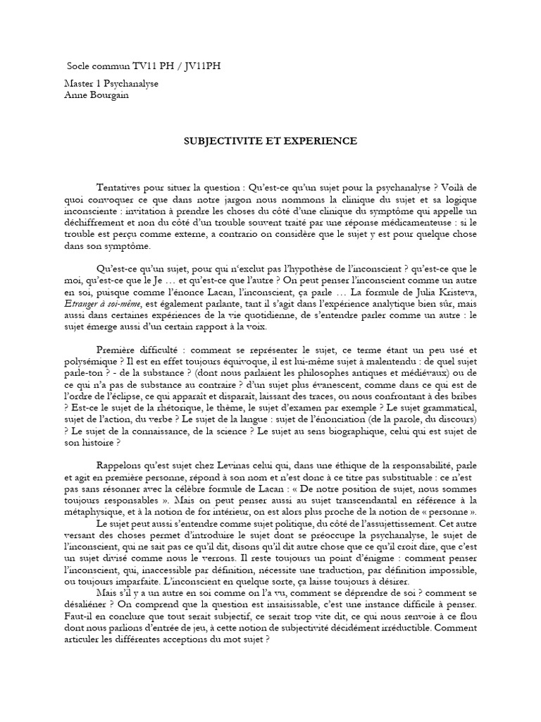 Subjectivité et Inconscient en Psychanalyse | PDF | Inconscient ...