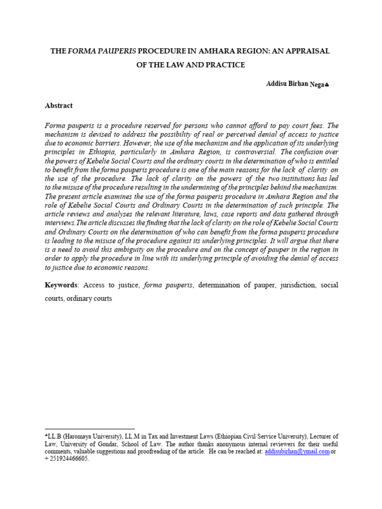 Forma Pauperis: Addisu Birhan | PDF | Lawsuit | Poverty