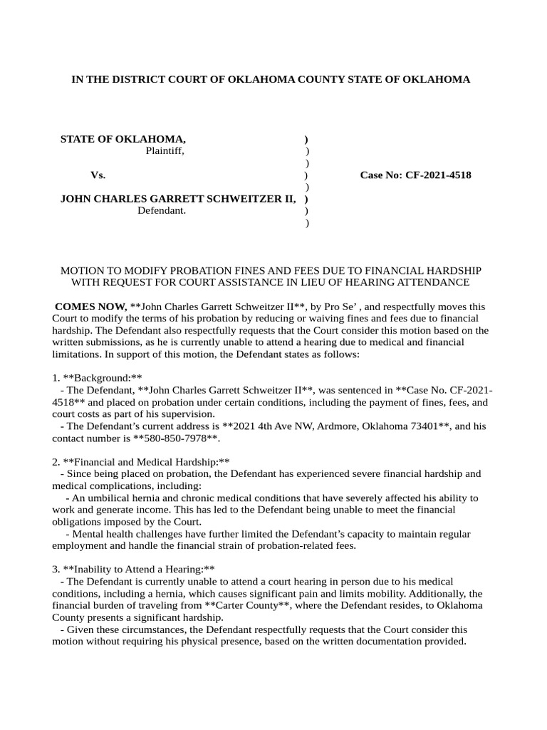 Motion To Modify Probation Fines and Fees Due To Financial Hardship ...