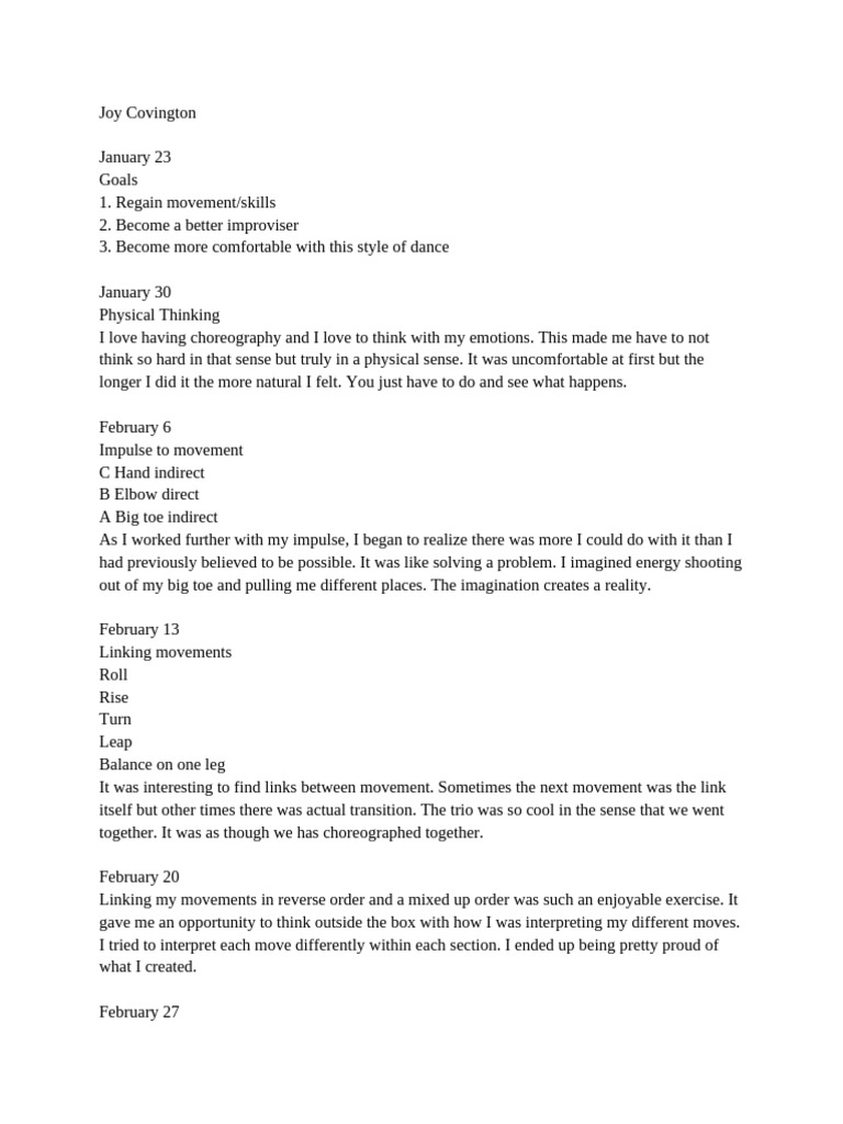 Modern Dance Journal Entries 1 | PDF