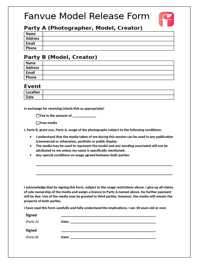 Fanvue Model Release Form Template | PDF | Law