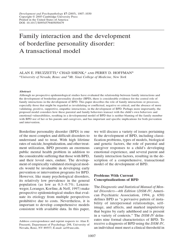 Family Interaction and The Development of Borderline Personality Disorder: A Transactional Model ...