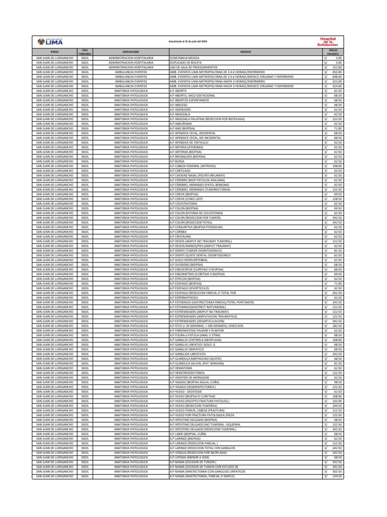 Tarifario SJL | PDF | Patología | Especialidades Medicas