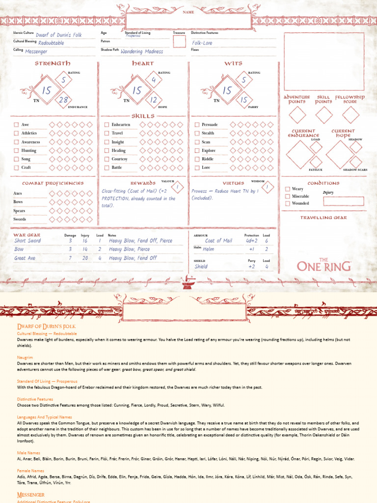 TOR_Dwarf_Messenger_Character_Sheet_fillable | PDF | Middle Earth ...