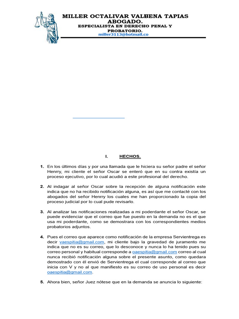 Escrito Nulidad Por Indebida Notificacion 11 001 4103 001 2023 01030 00 ...