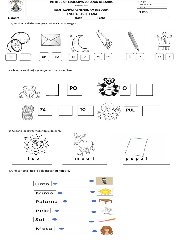 Evaluación Lengua Castellana 1° grado | PDF