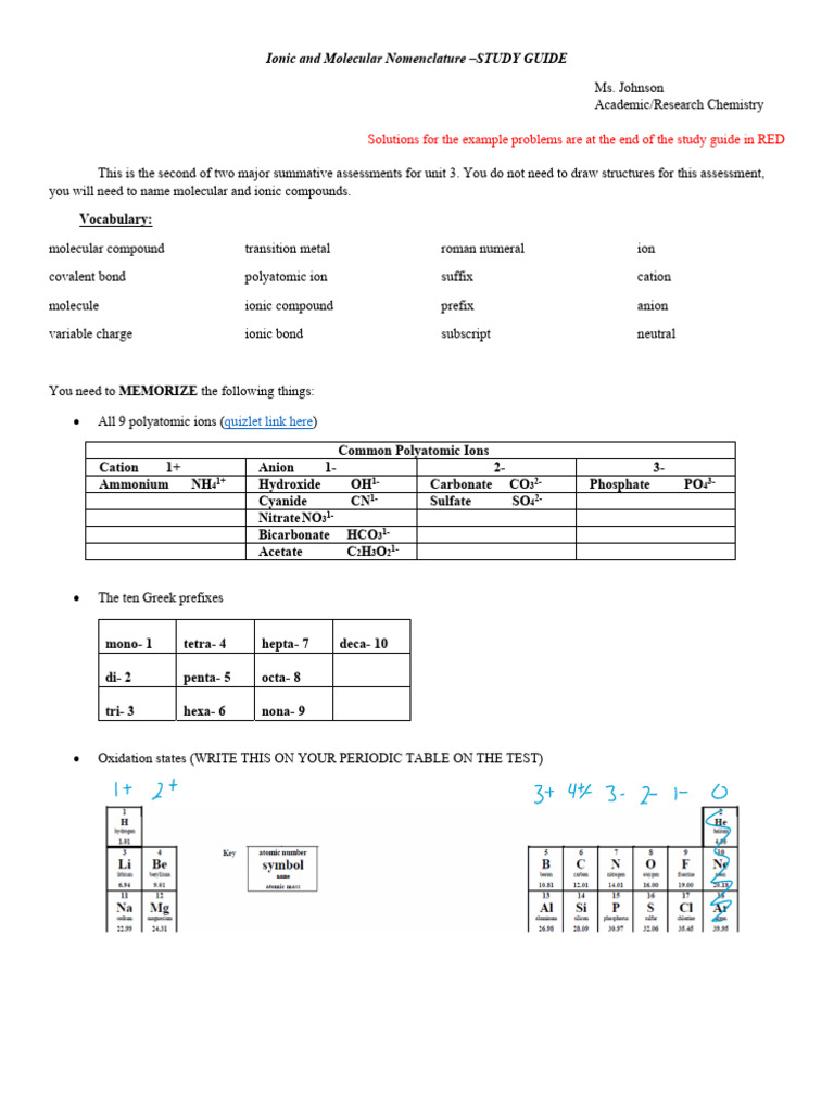 Unit 3 Ionic and Molecular Nomenclature Study Guide | PDF | Ion ...