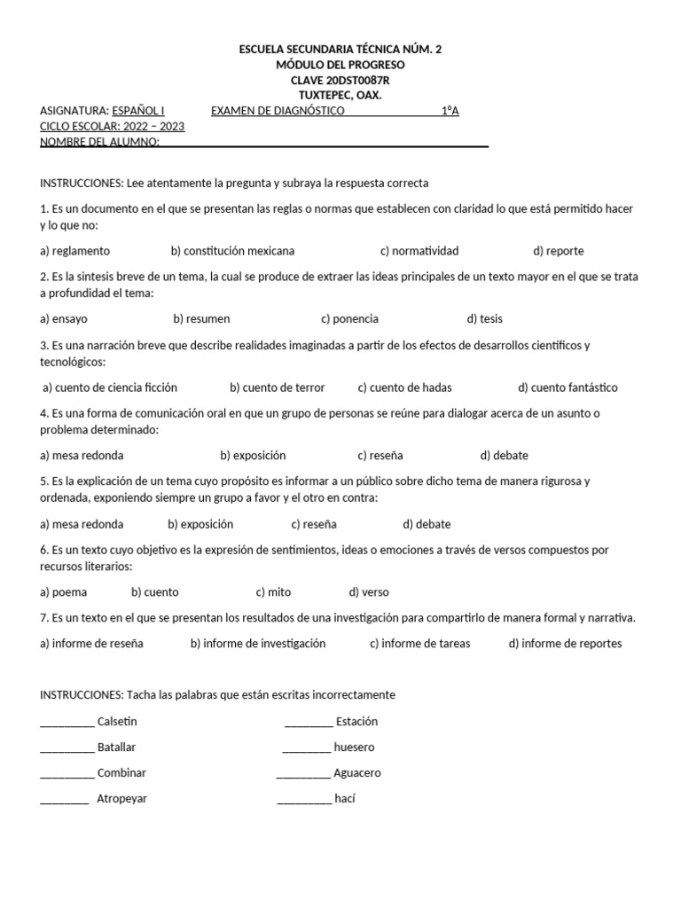 Examenes de Diagnostico Español 1,2,3 | PDF | Cuentos | Palabra