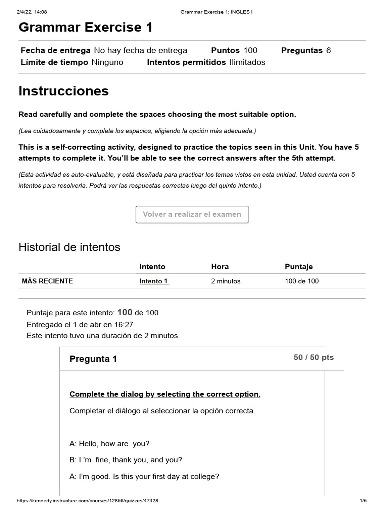 Grammar Exercise 1 - INGLES I | PDF