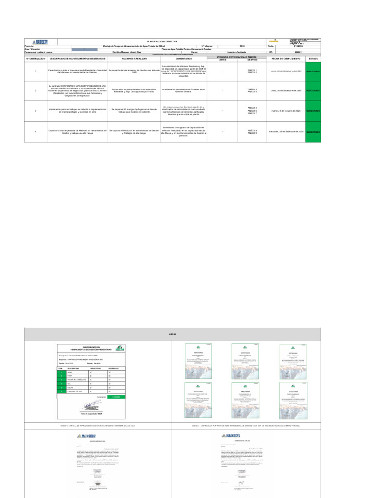 Plan de Accion Correctiva - C050 - Corporacion Mainserv | PDF