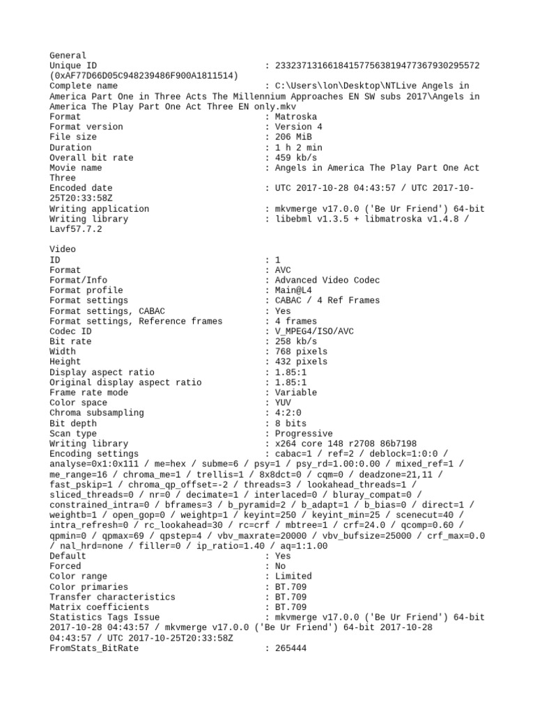 Angelsinamericapartonemediainfo | PDF | Video | Data Compression