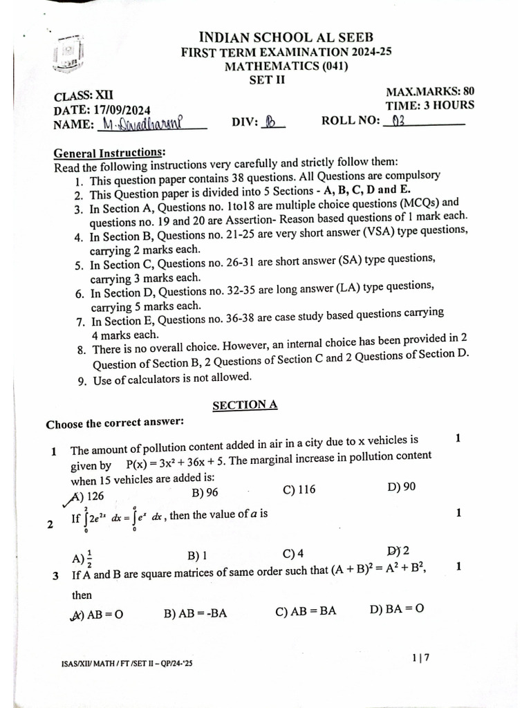 Maths QP Term 1 | PDF