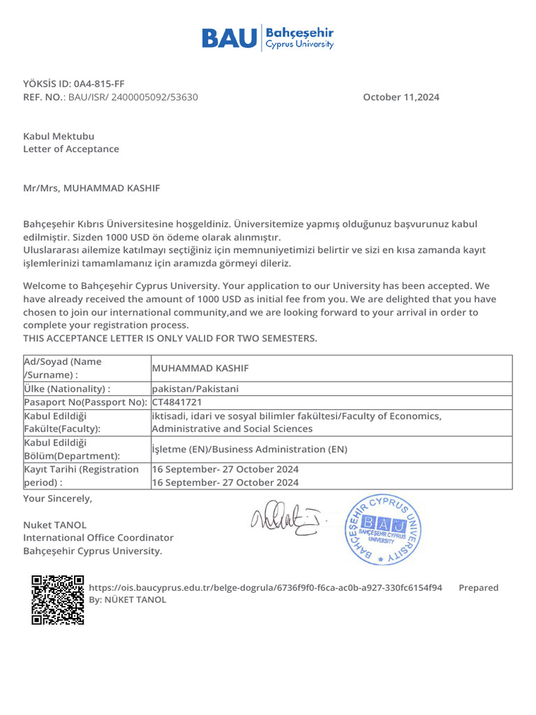 2024-2025 1 Letter of Acceptance MUHAMMAD KASHIF | PDF | Finance & Money Management