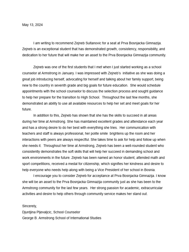 Zejneb Sultanovic's School Recommendation | PDF | Sports & Recreation