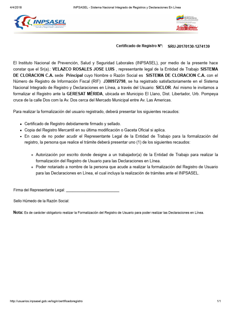 INPSASEL - Sistema Nacional Integrado de Registros y Declaraciones en ...