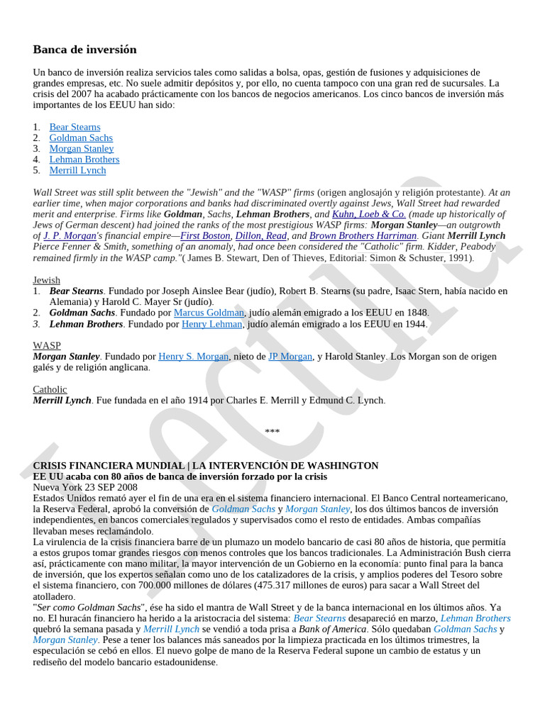 Historia y Crisis de la Banca de Inversión | PDF | Goldman Sachs | los ...