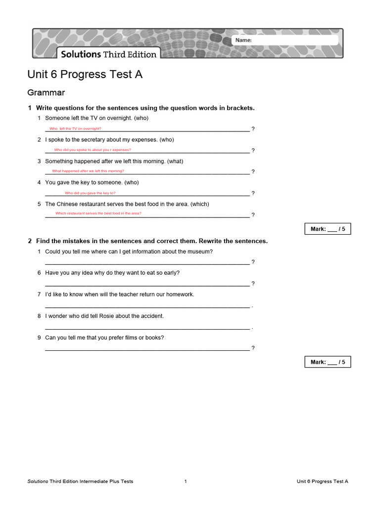 Sol 3e Int Plus U6 Progress Test A 1 | PDF