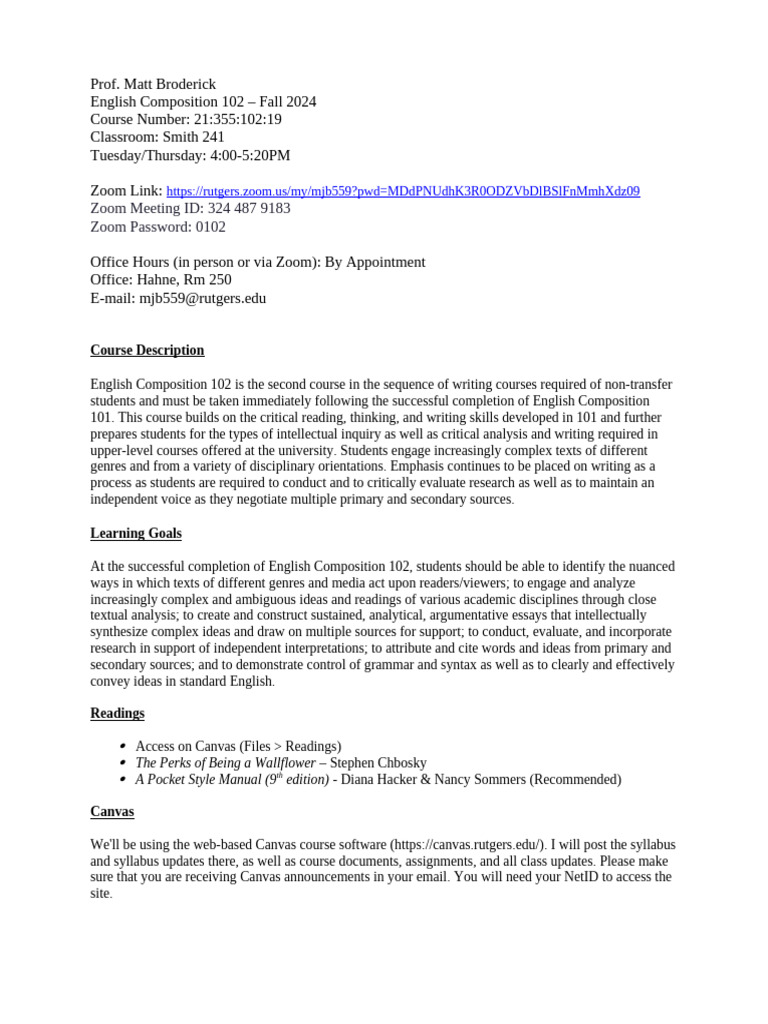F24 - 102 - 19 - Syllabus | PDF | Academic Integrity | Plagiarism