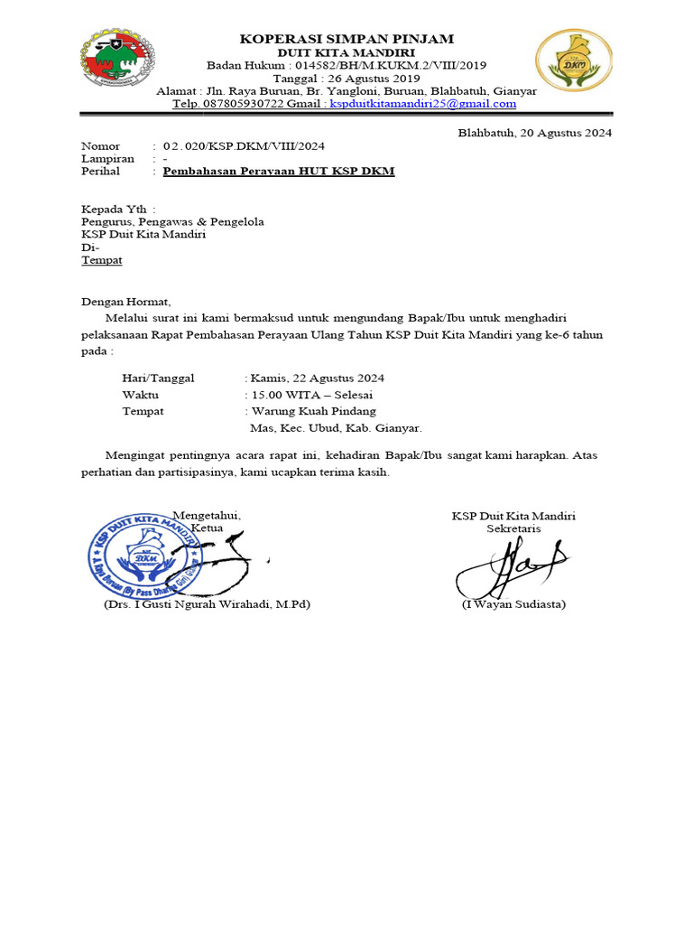Surat Undangan HUT KSP DKM | PDF