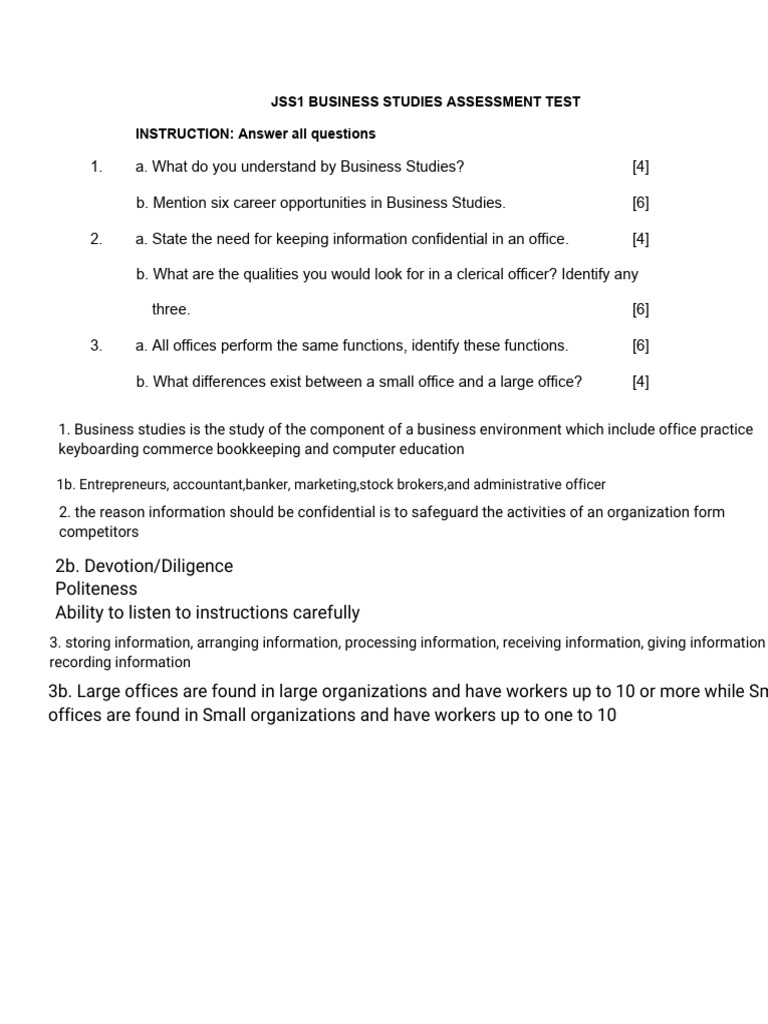 JSS1 Business Studies Test | PDF
