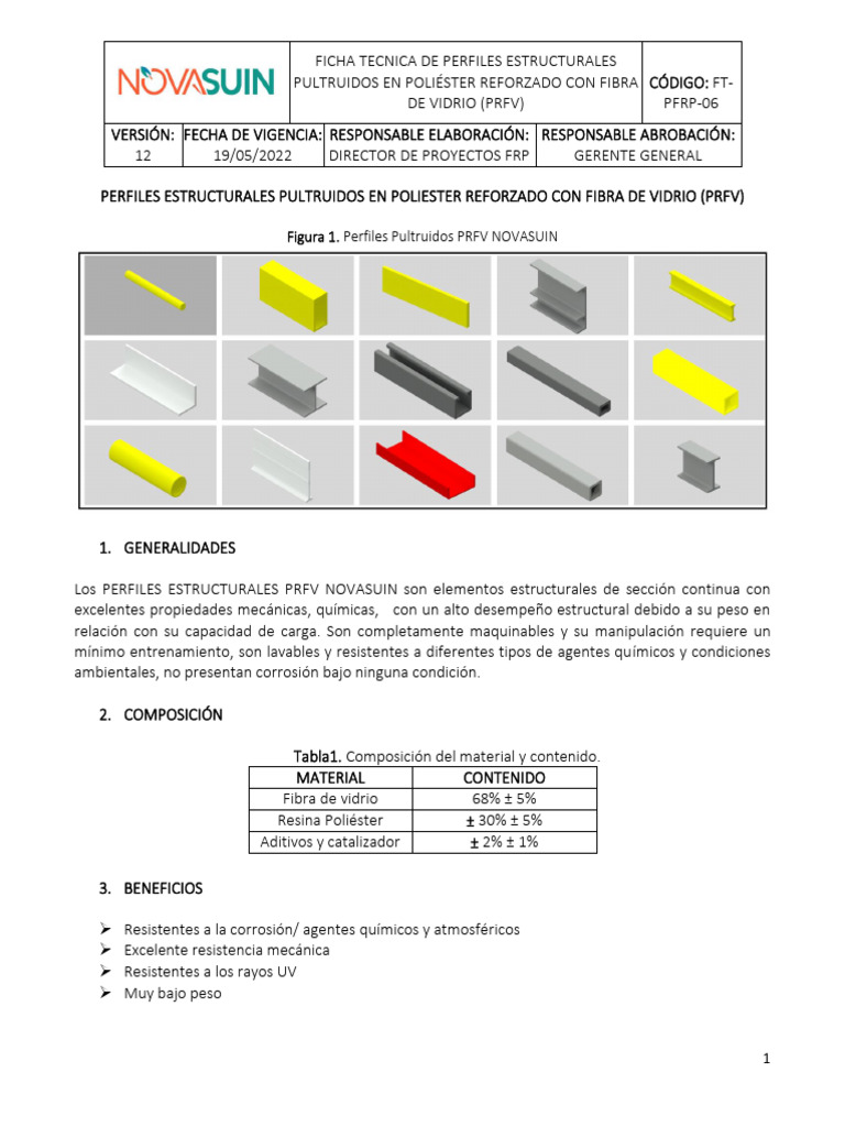 Ft-Perfiles PRFV Novasuin | PDF | Fibra de vidrio | Materiales