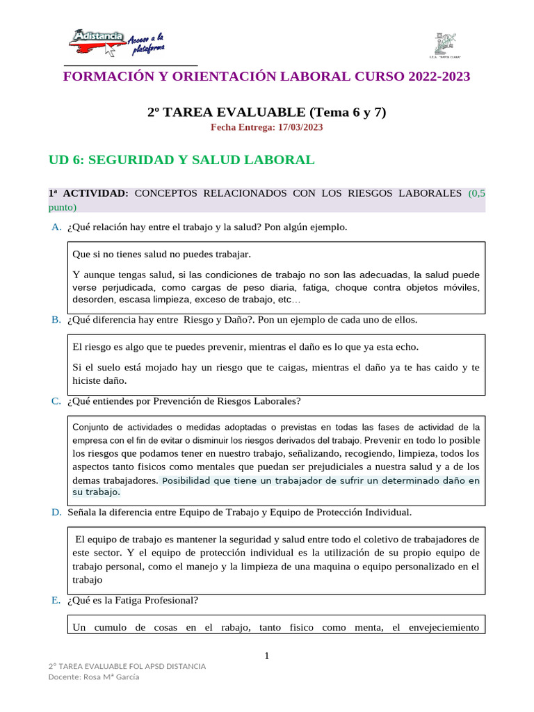 T2 - PLANTILLA RESPUESTAS 2 TAREA EVALUABLE FOL Distancia Curso 2022.2023 | PDF | Riesgo ...