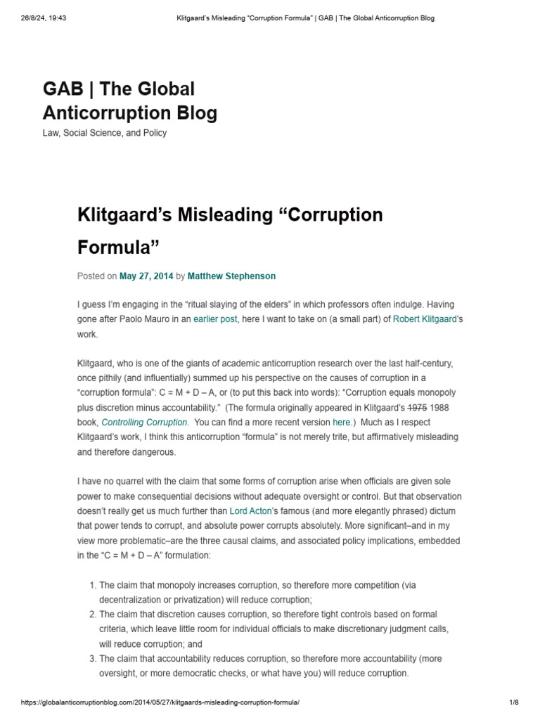 Klitgaard's Misleading "Corruption Formula" - GAB - The Global ...