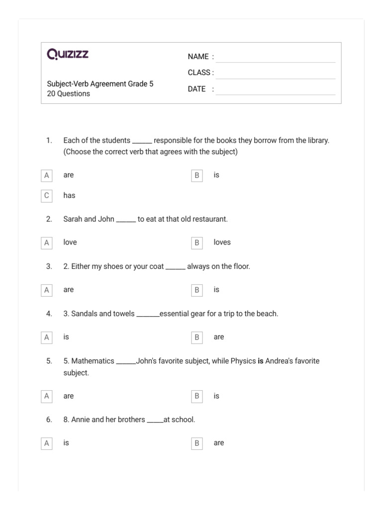 Grade 5 Subject-Verb Agreement Quiz | PDF