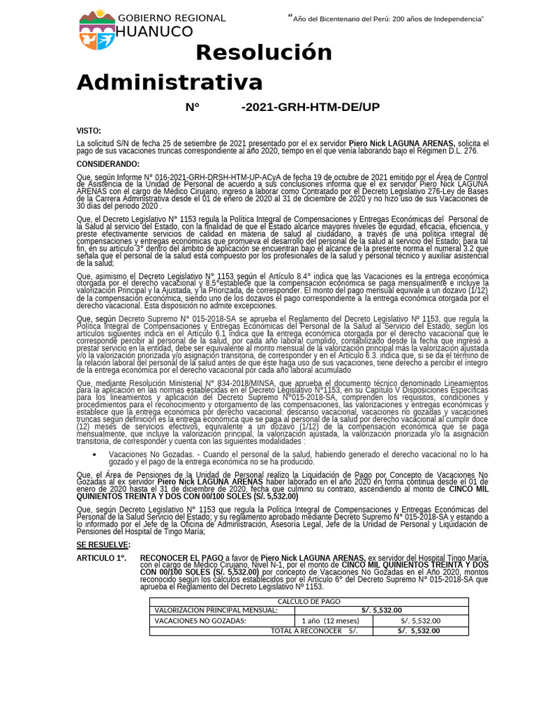 R.adm. Vacac. 276 Piero Laguna Arenas | PDF | Gobierno