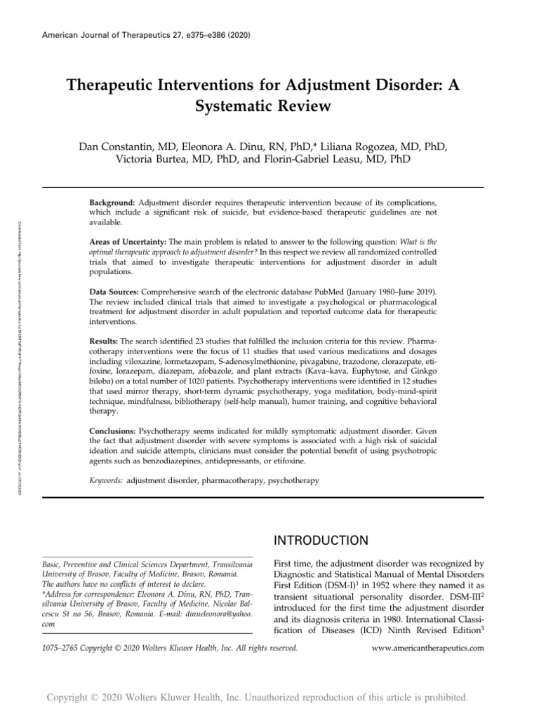 Therapeutic Interventions For Adjustment Disorder A Systematic Review ...