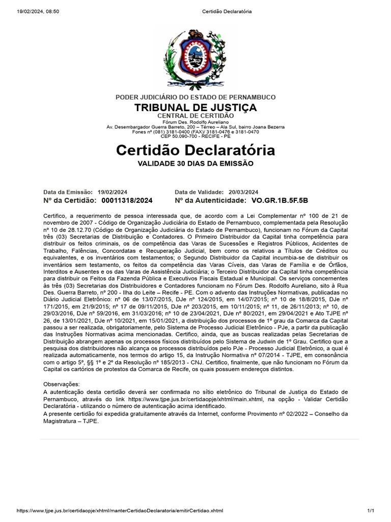 MODELO Certidão Declaratória | PDF | Direito
