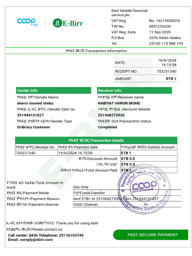 Ebirr - Send Money To Registered Customer | PDF