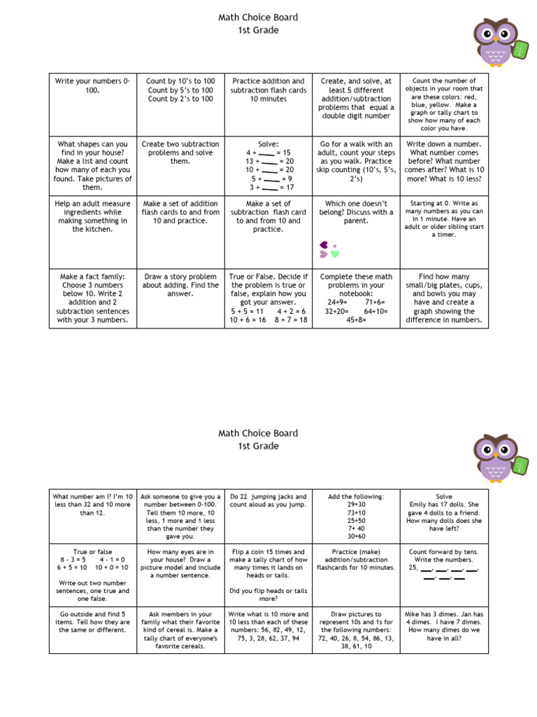 1st_Grade_Math_Choice_Board | PDF | Mathematics