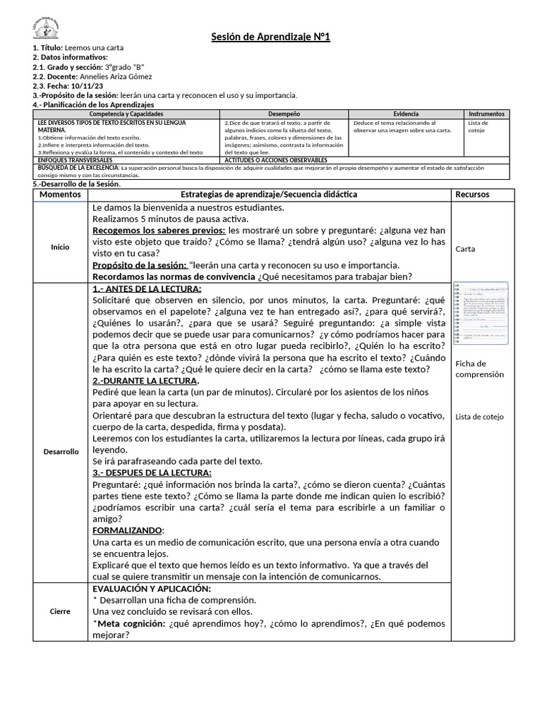 Sesión de Aprendizaje N° 7 (1) | PDF | Aprendizaje | Información