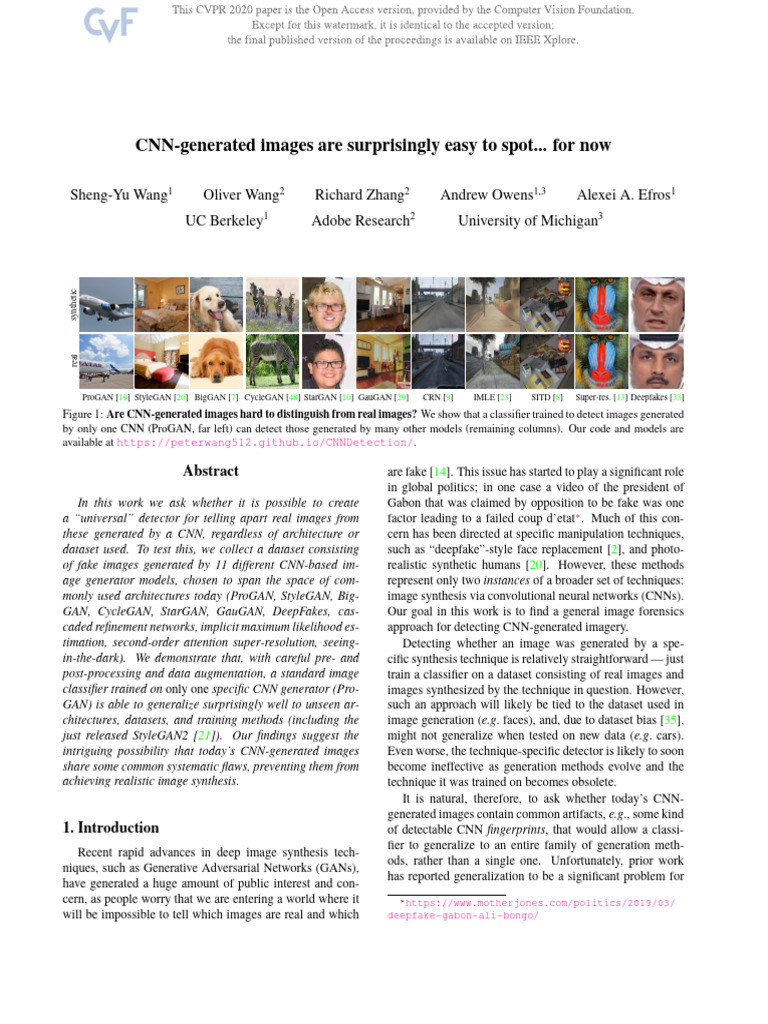 Wang CNN-Generated Images Are Surprisingly Easy To Spot... For Now CVPR 2020 Paper | PDF ...