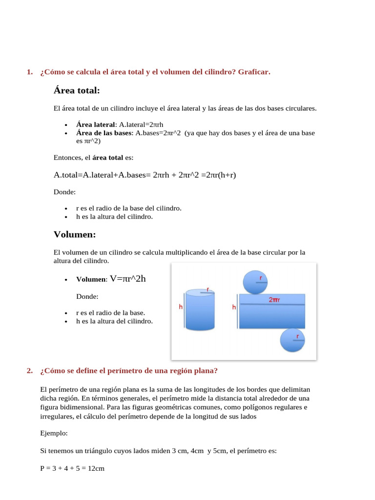 Área total:: A.total=A.lateral+A.bases= 2πrh + 2πr^2 =2πr (h+r) | PDF