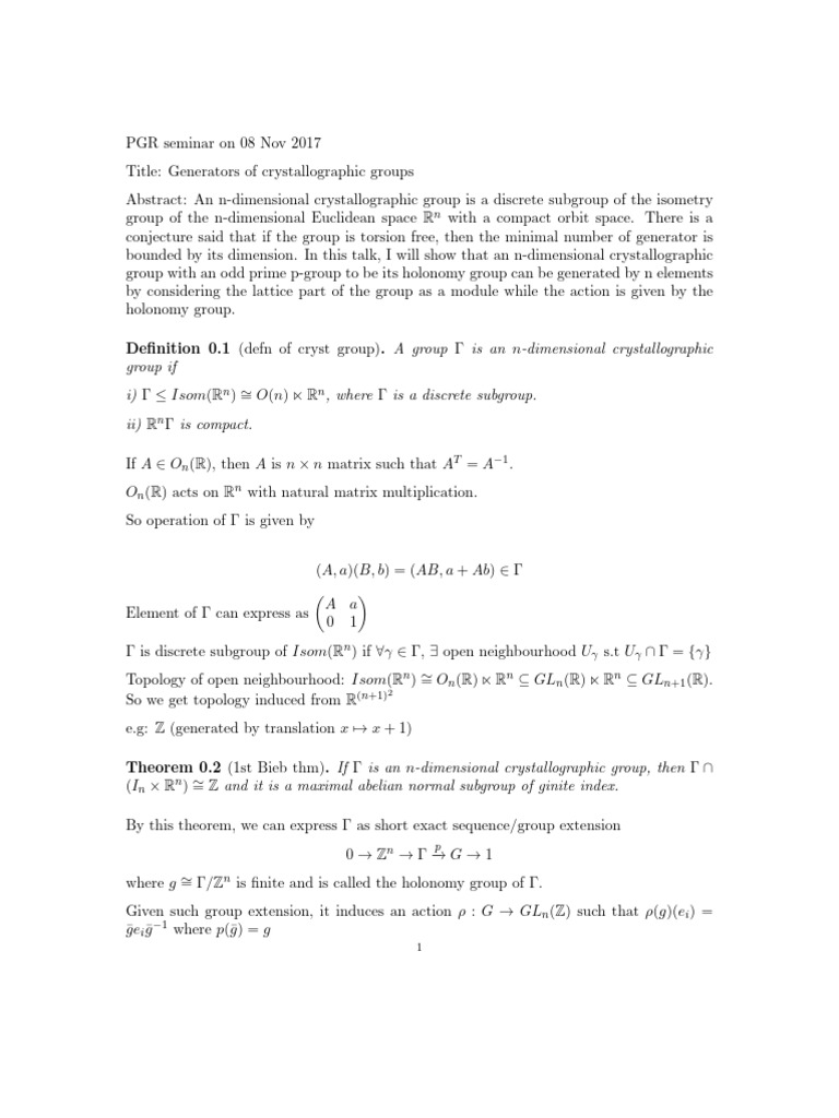 PGR Seminar - Generators of Cryst Group | PDF | Group (Mathematics ...