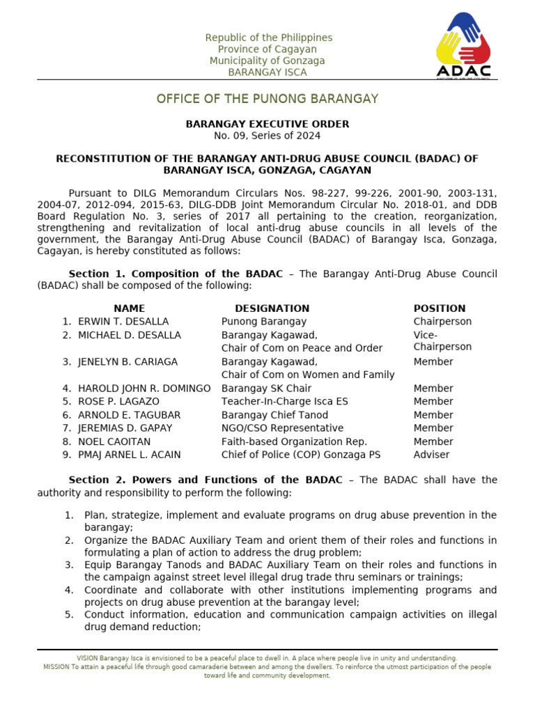 Executive Order No. 9, s.2024 (BADAC For SGLGB) | PDF