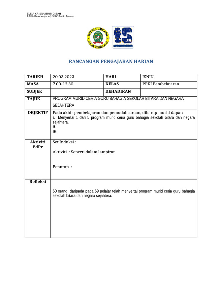 RPH Minggu 1 20-24 Mac 2023 | PDF