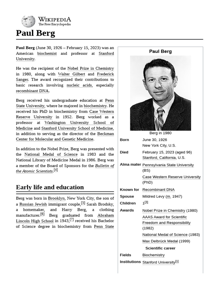 Paul Berg | PDF | Biotechnology | Life Sciences