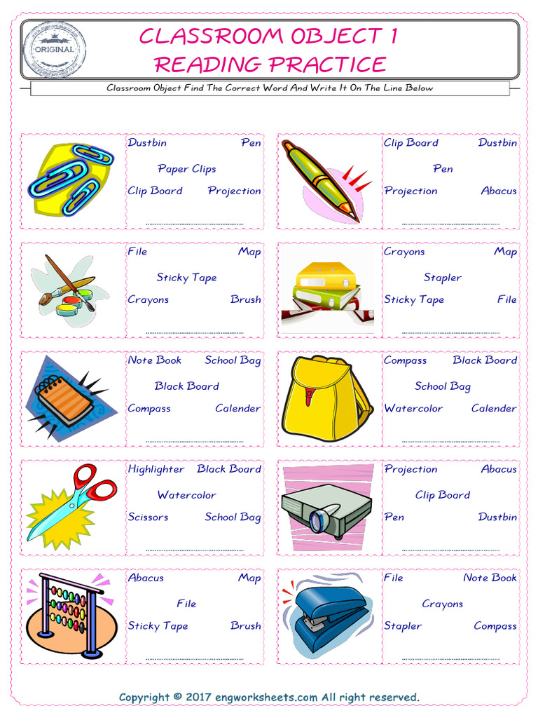 Classroom Objects Identification Worksheet | PDF | Stationery