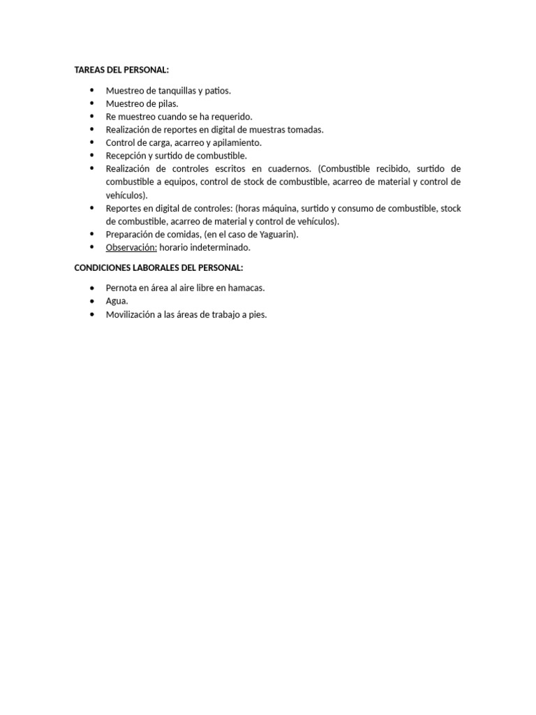 Tareas Del Personal Hoja de Lata y Yaguarin | PDF